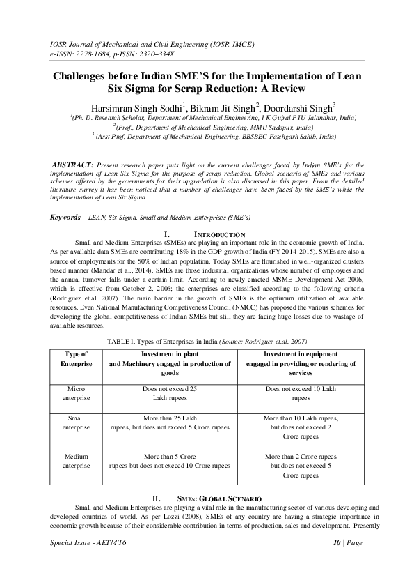 (PDF) Challenges before Indian SME’S for the Implementation of Lean Six Sigma for Scrap ...