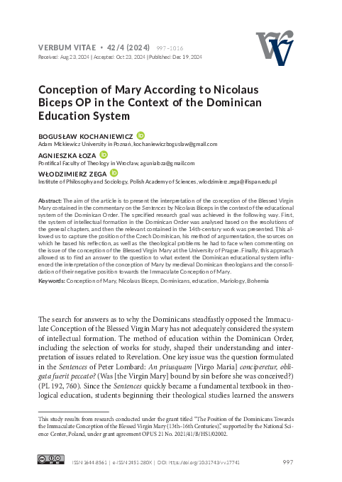 (PDF) Conception of Mary According to Nicolaus Biceps OP in the Context ...