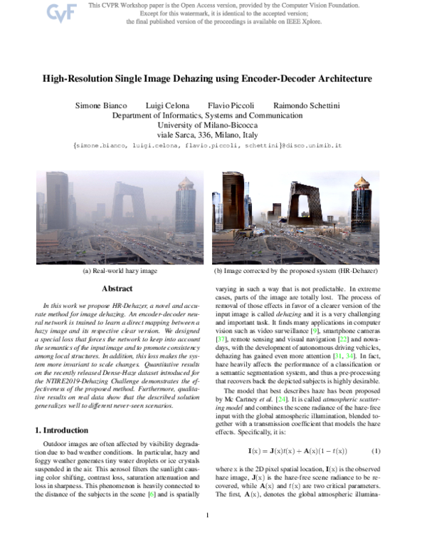 (PDF) High-Resolution Single Image Dehazing Using Encoder-Decoder Architecture