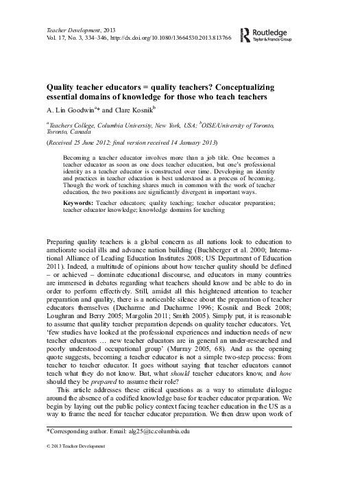 (PDF) Quality teacher educators = quality teachers? Conceptualizing essential domains of ...