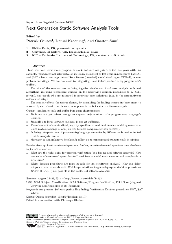 (PDF) Report from Dagstuhl Seminar 14352 Next Generation Static Software Analysis Tools Edited by