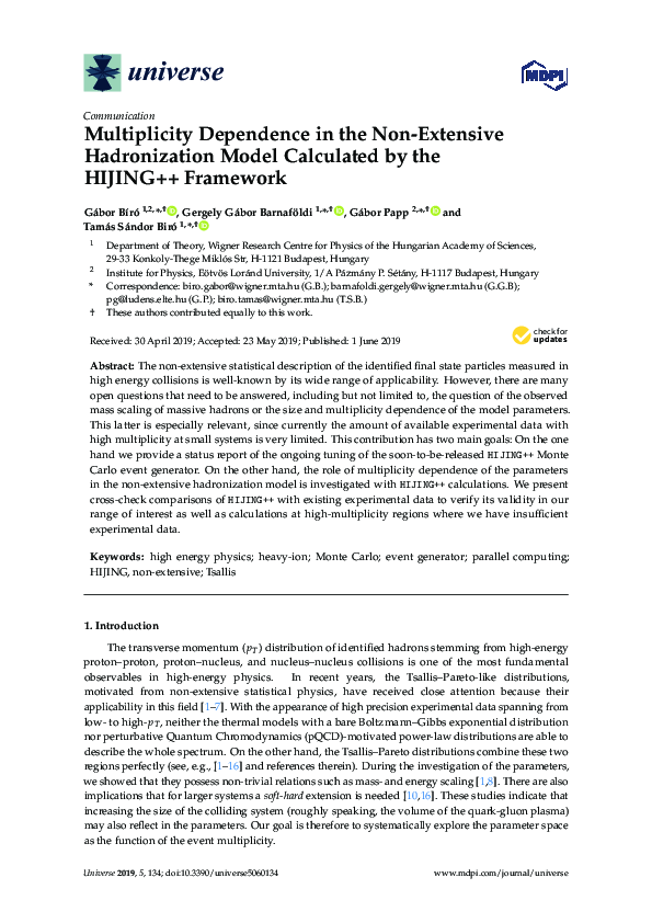 (PDF) Multiplicity Dependence in the Non-Extensive Hadronization Model Calculated by the HIJING ...