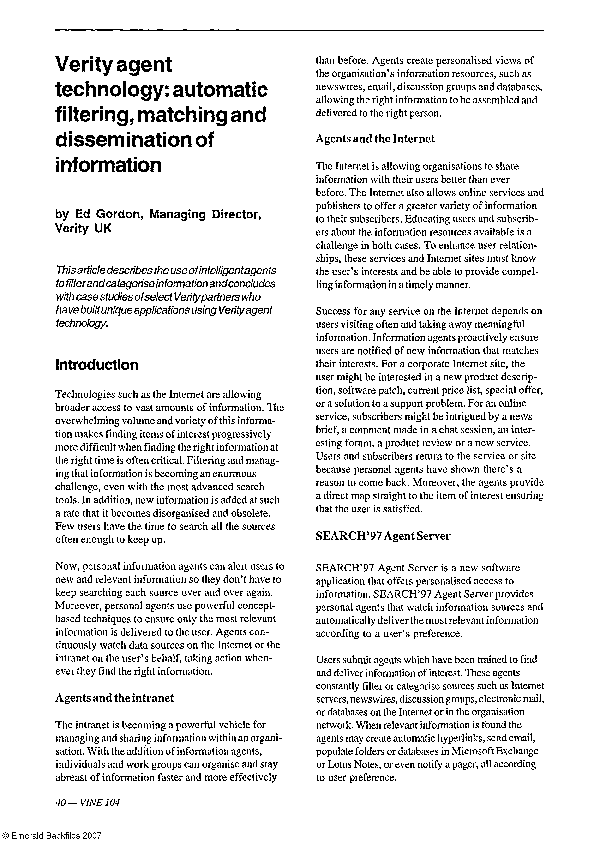 (PDF) Verity agent technology: automatic filtering, matching and ...