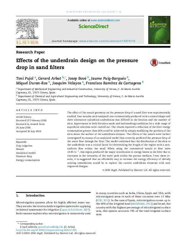 (PDF) Effects of the underdrain design on the pressure drop in sand filters