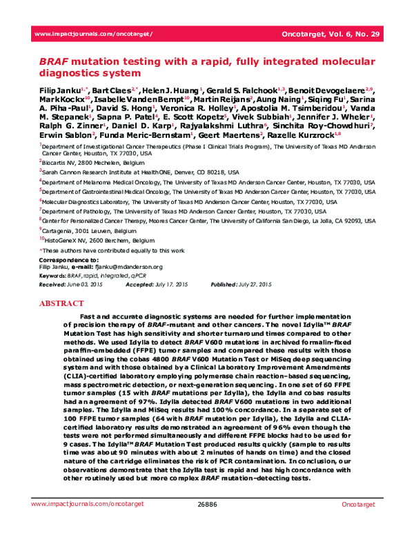 (PDF) BRAF mutation testing with a rapid, fully integrated molecular ...