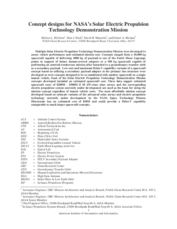 (PDF) Concept designs for NASA’s Solar Electric Propulsion Technology ...