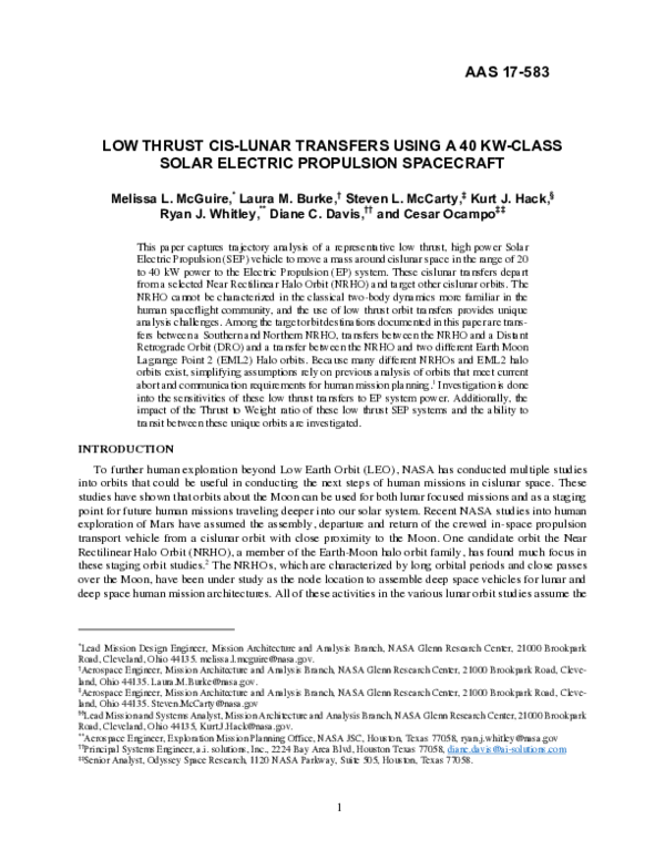 Pdf Low Thrust Cis Lunar Transfers Using A 40 Kw Class Solar Electric Propulsion Spacecraft