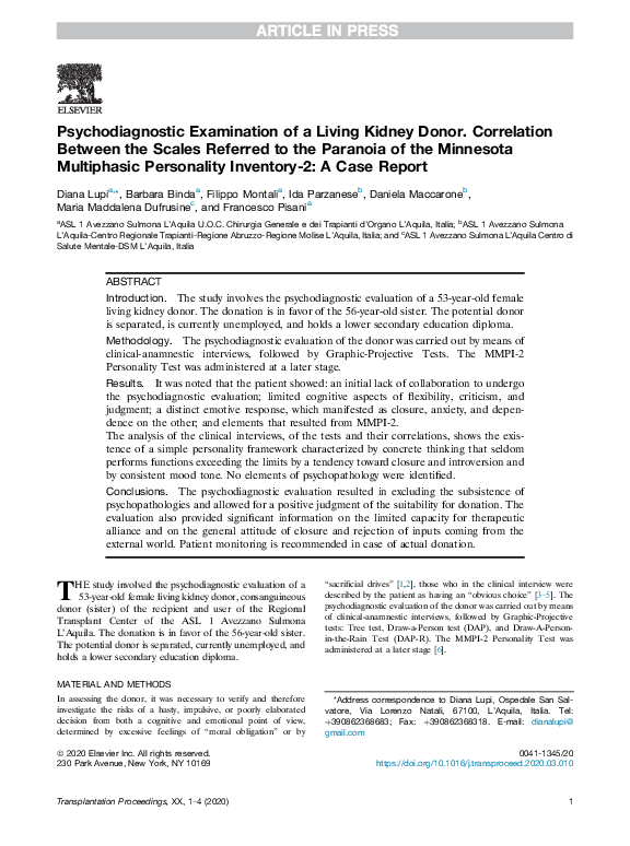 (PDF) Psychodiagnostic Examination of a Living Kidney Donor ...