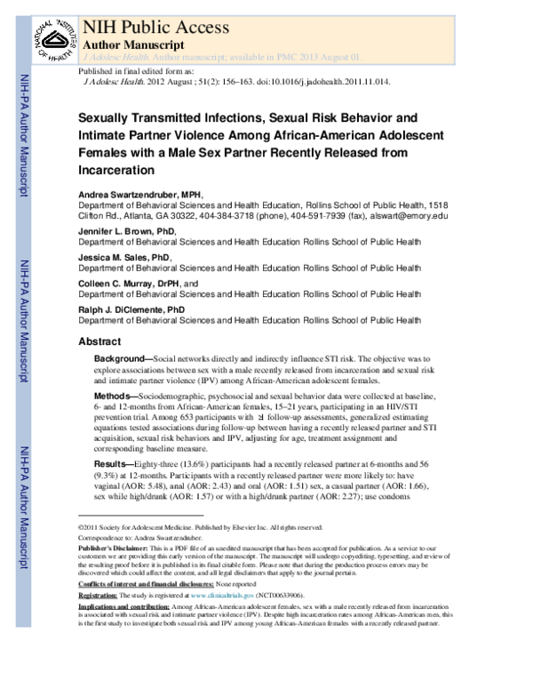 Pdf Sexually Transmitted Infections Sexual Risk Behavior And 0548