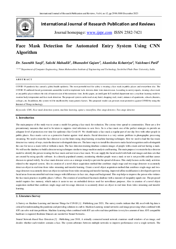 (PDF) Face Mask Detection for Automated Entry System Using CNN Algorithm