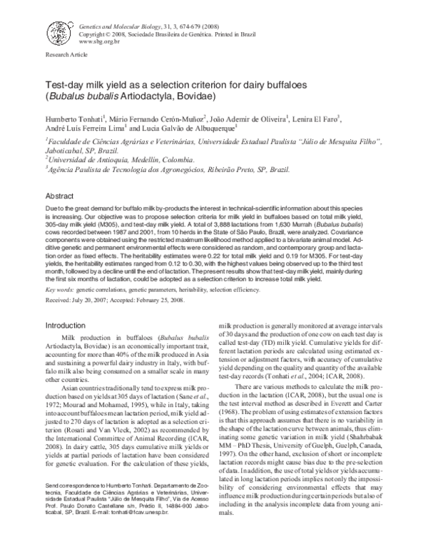 (PDF) Test-day milk yield as a selection criterion for dairy buffaloes ...