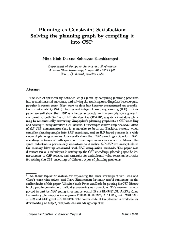 (PDF) Planning as constraint satisfaction: Solving the planning graph by compiling it into CSP