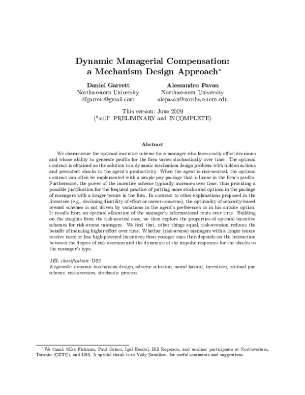 (PDF) Dynamic Managerial Compensation: A Mechanism Design Approach