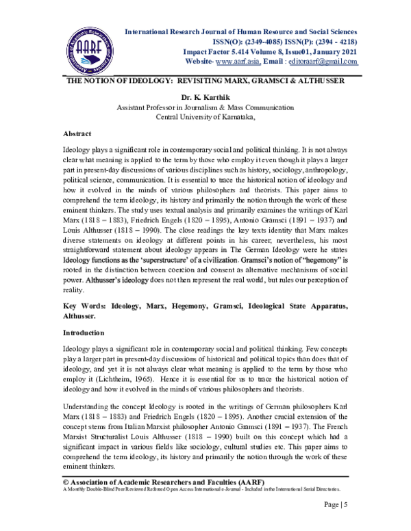 (PDF) The Notion of Ideology: Revisiting Marx, Gramsci and Althusser