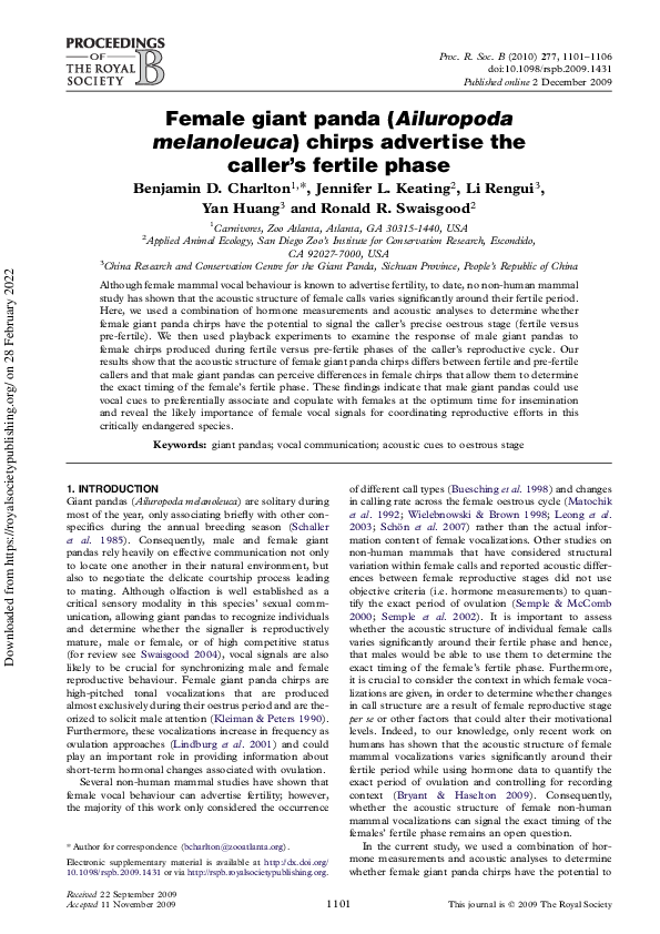 (PDF) Female giant panda ( Ailuropoda melanoleuca ) chirps advertise ...