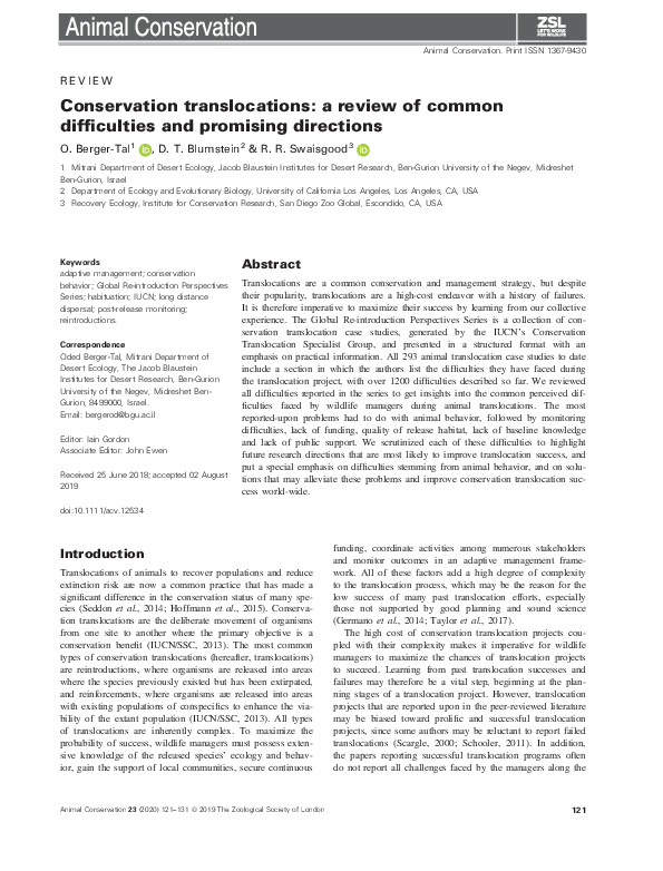 (PDF) Conservation translocations: a review of common difficulties and ...