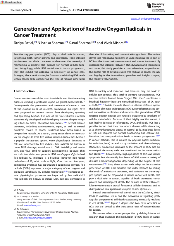 (PDF) Generation and Application of Reactive Oxygen Radicals in Cancer ...