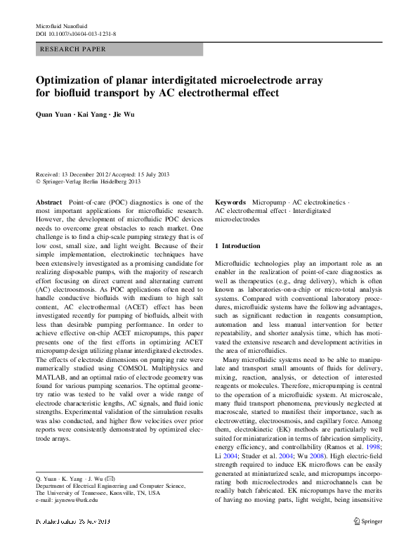 (PDF) Optimization of planar interdigitated microelectrode array for biofluid transport by AC ...