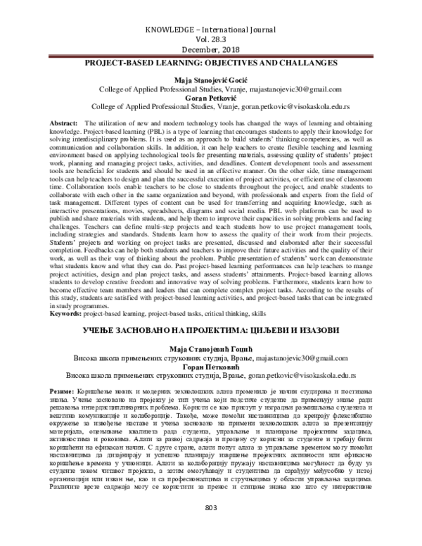 (PDF) Project-Based Learning Objectives and Challanges