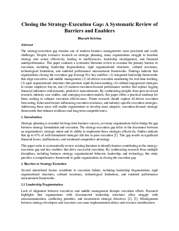 (PDF) Closing the Strategy-Execution Gap: A Systematic Review of Barriers and Enablers
