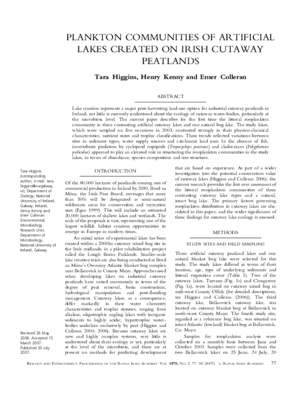(PDF) Plankton Communities of Artificial Lakes Created on Irish Cutaway ...