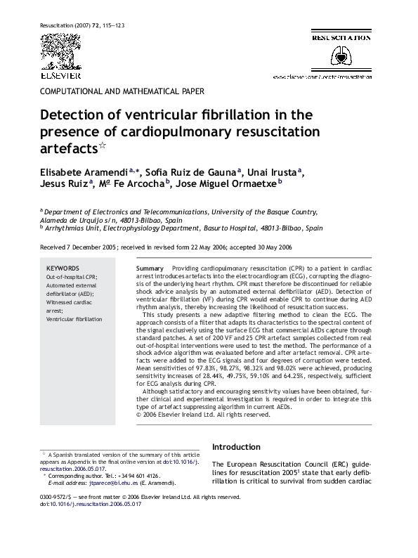 Pdf Detection Of Ventricular Fibrillation In The Presence Of Cardiopulmonary Resuscitation