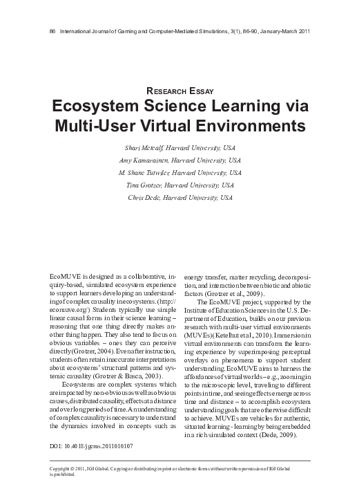 (PDF) Ecosystem Science Learning via Multi-User Virtual Environments