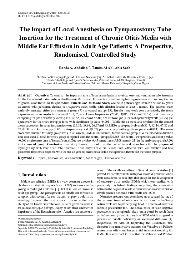 (PDF) The Impact of Local Anesthesia on Tympanostomy Tube Insertion for ...