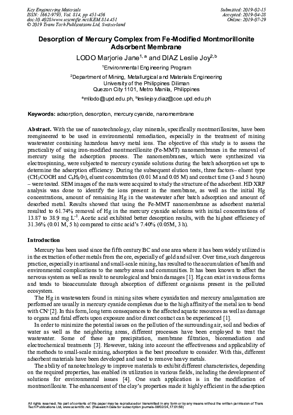 (PDF) Desorption of Mercury Complex from Fe-Modified Montmorillonite Adsorbent Membrane