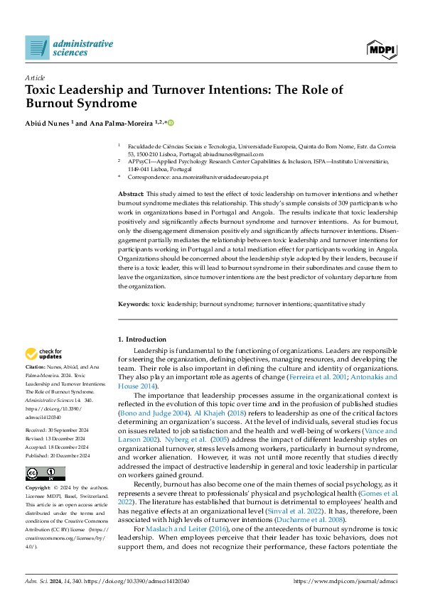 (PDF) Toxic Leadership and Turnover Intentions: The Role of Burnout ...