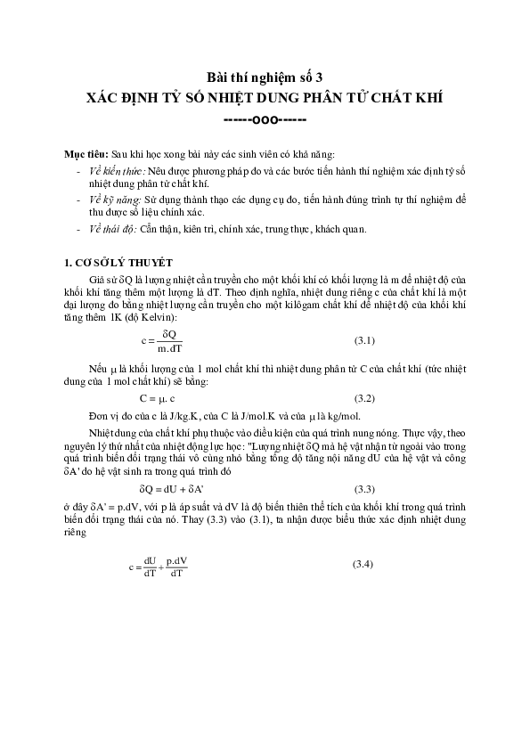 (PDF) BƠi thí nghi m s 3 XÁC ĐỊNH TỶ S NHI T DUNG PHÂN T CH T KHệ