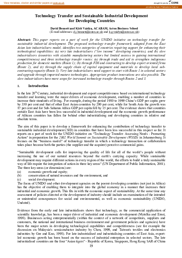 (PDF) Technology Transfer and Sustainable Industrial Development for Developing Countries