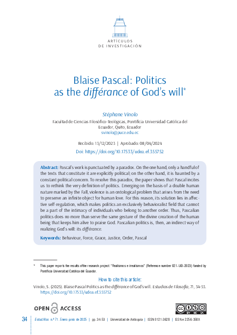 (PDF) Blaise Pascal Politics as the différance of God’s will