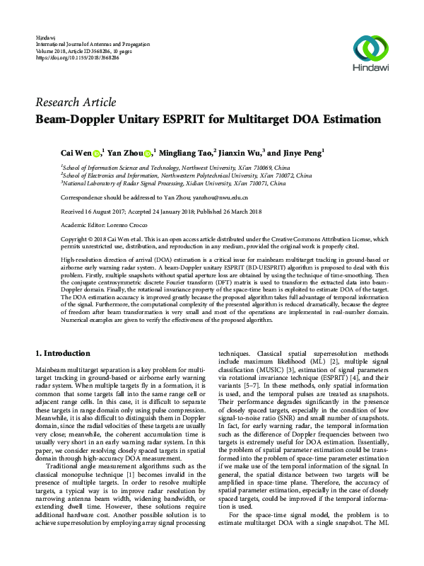 (PDF) Beam-Doppler Unitary ESPRIT for Multitarget DOA Estimation