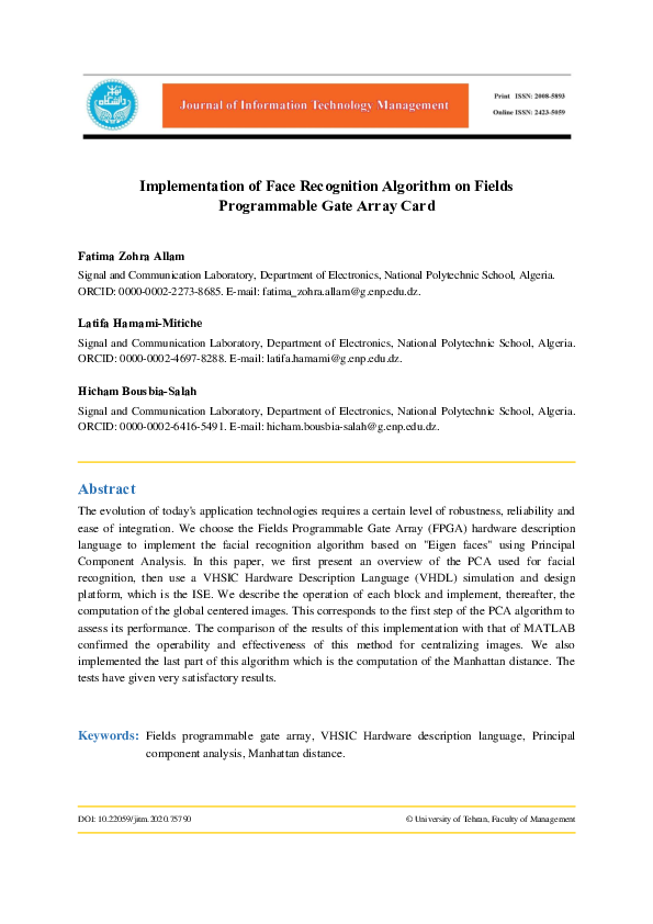 (PDF) Implementation of Face Recognition Algorithm on Fields Programmable Gate Array Card