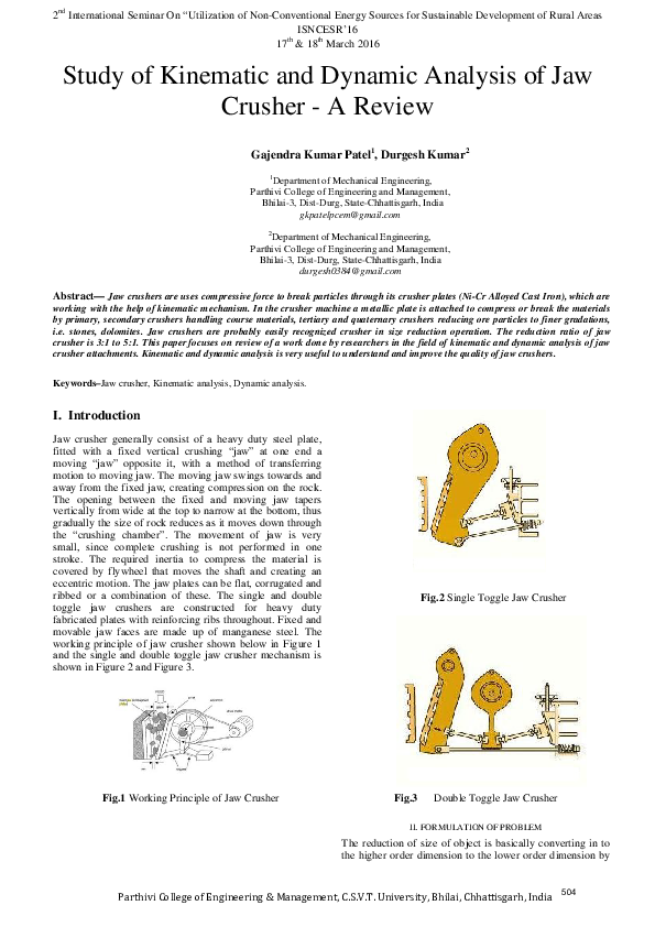 (PDF) Study of Kinematic and Dynamic Analysis of Jaw Crusher-A Review