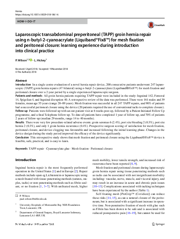 (PDF) Laparoscopic Trans-Abdominal Pre-Peritoneal (Tapp) Repair for Treatment Inguinal Hernia ...