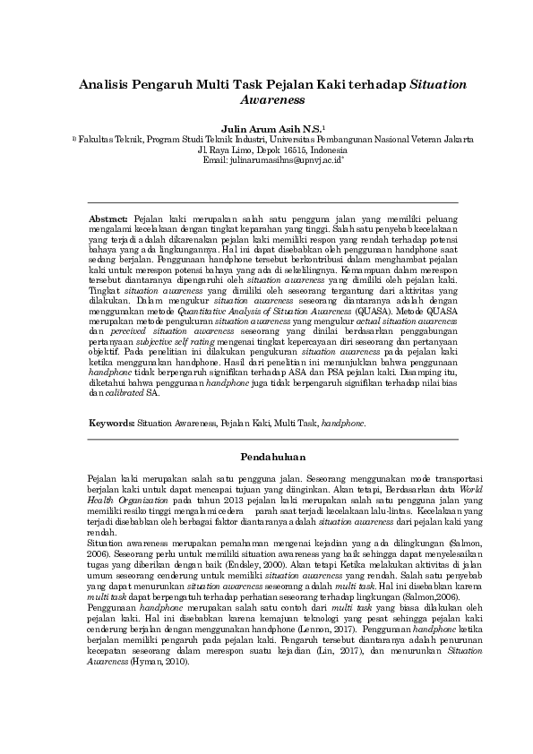 (PDF) Analisis Pengaruh Multi Task Pejalan Kaki terhadap Situation Awareness