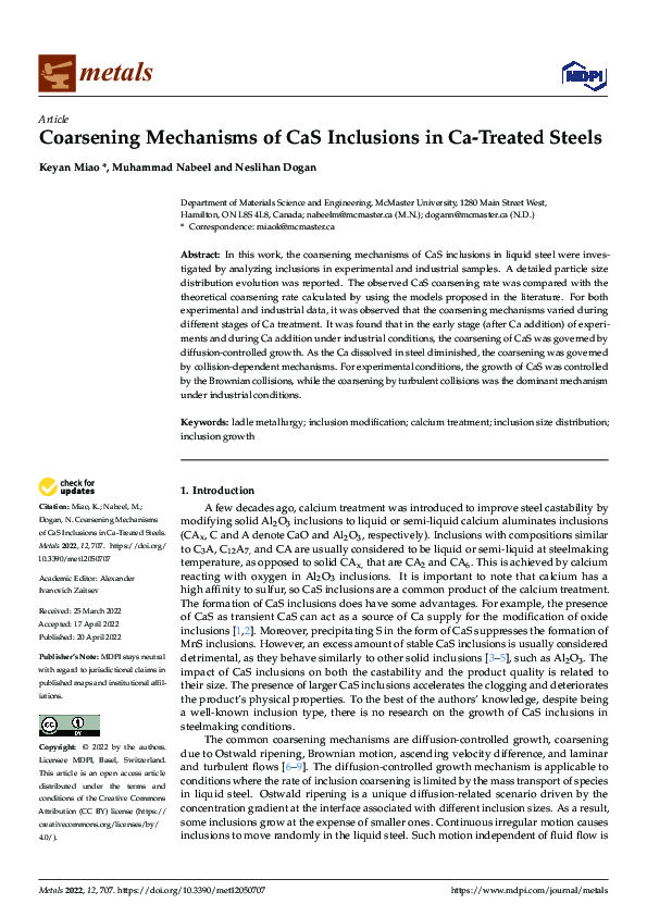 (PDF) Coarsening Mechanisms of CaS Inclusions in Ca-Treated Steels