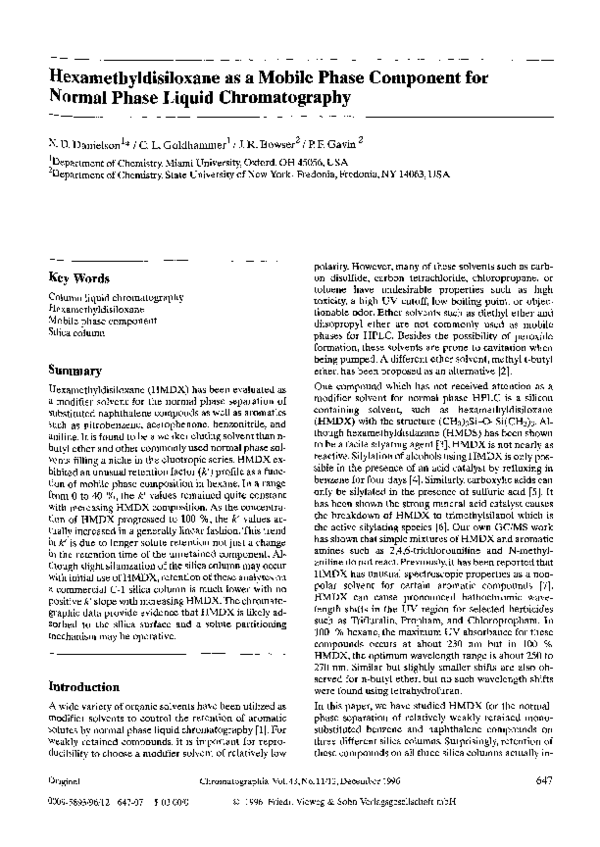 (PDF) Hexamethyldisiloxane as a mobile phase component for normal phase liquid chromatography