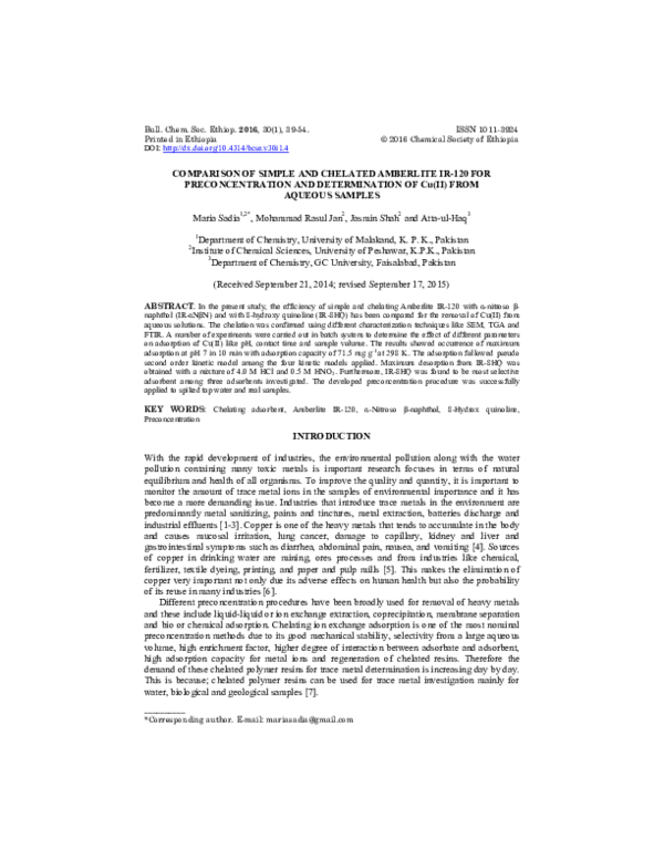 (PDF) Comparison of simple and chelated amberlite IR-120 for preconcentration and Determination ...