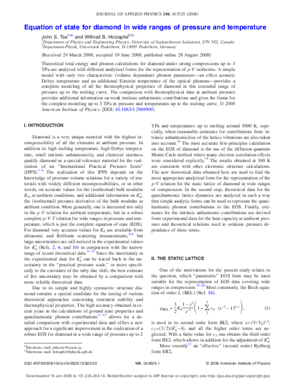 (PDF) Equation of state for diamond in wide ranges of pressure and ...