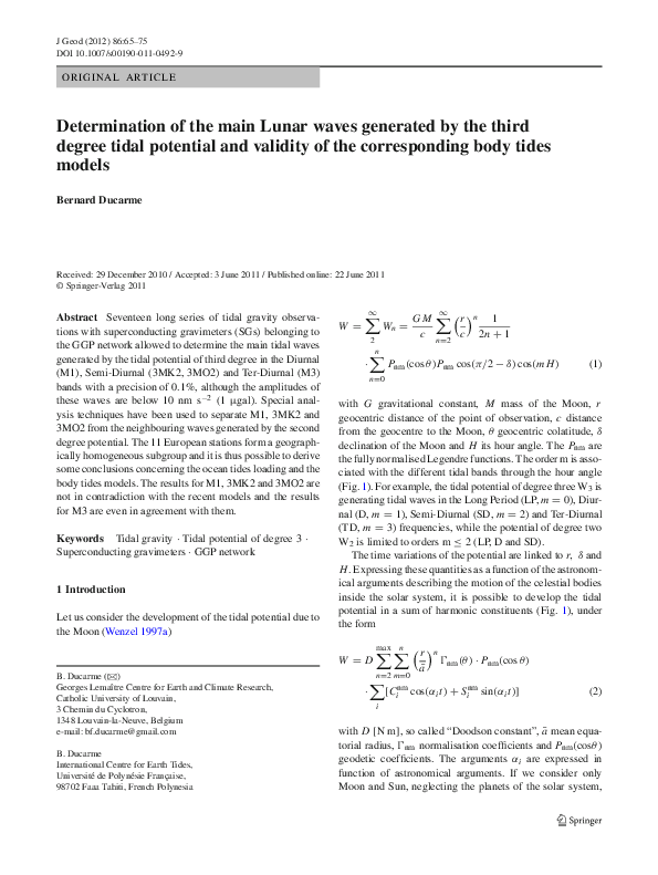 Pdf Determination Of The Main Lunar Waves Generated By The Third Degree Tidal Potential And