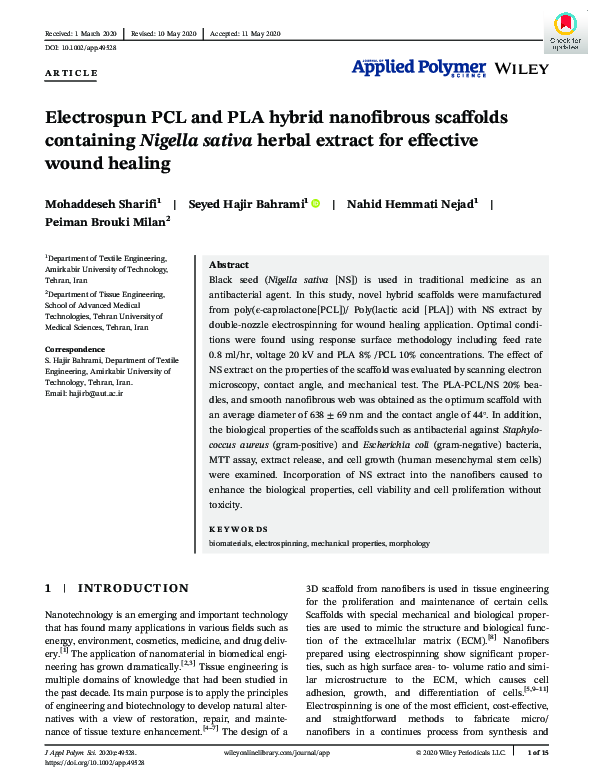 (PDF) Electrospun PCL and PLA hybrid nanofibrous scaffolds containing ...