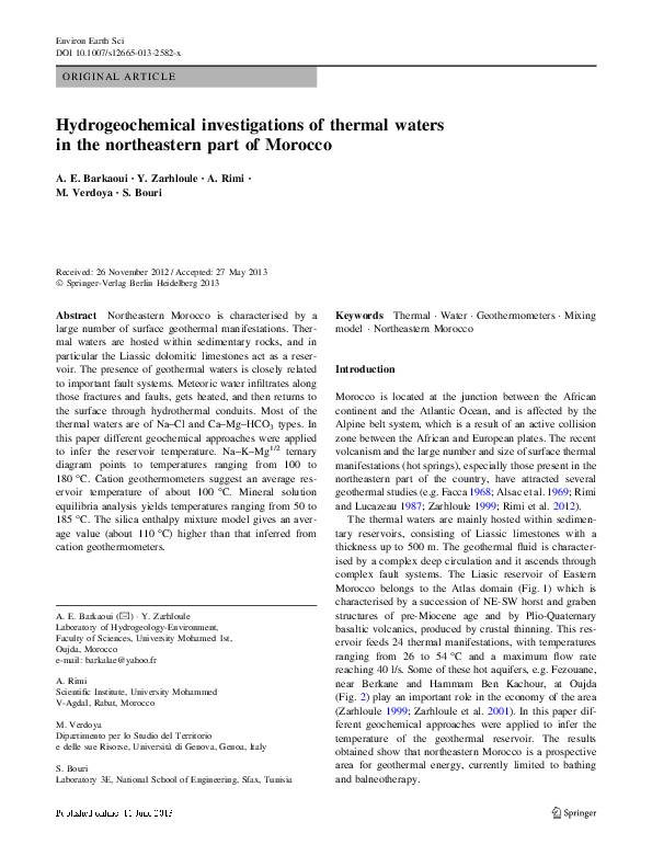 (PDF) Hydrogeochemical investigations of thermal waters in the northeastern part of Morocco