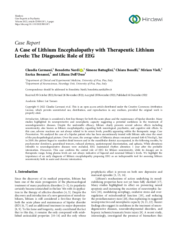 (PDF) A Case of Lithium Encephalopathy with Therapeutic Lithium Levels ...