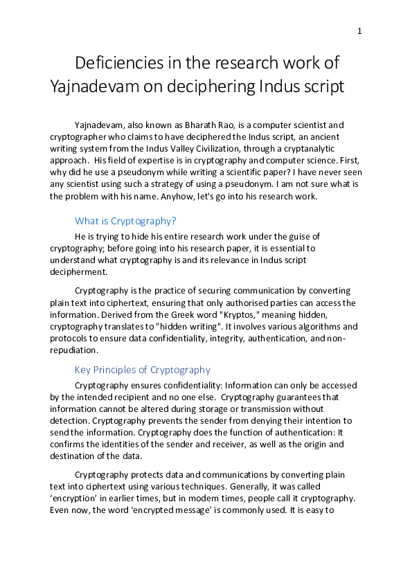 (PDF) Deficiencies in the research work of Yajnadevam on deciphering Indus script