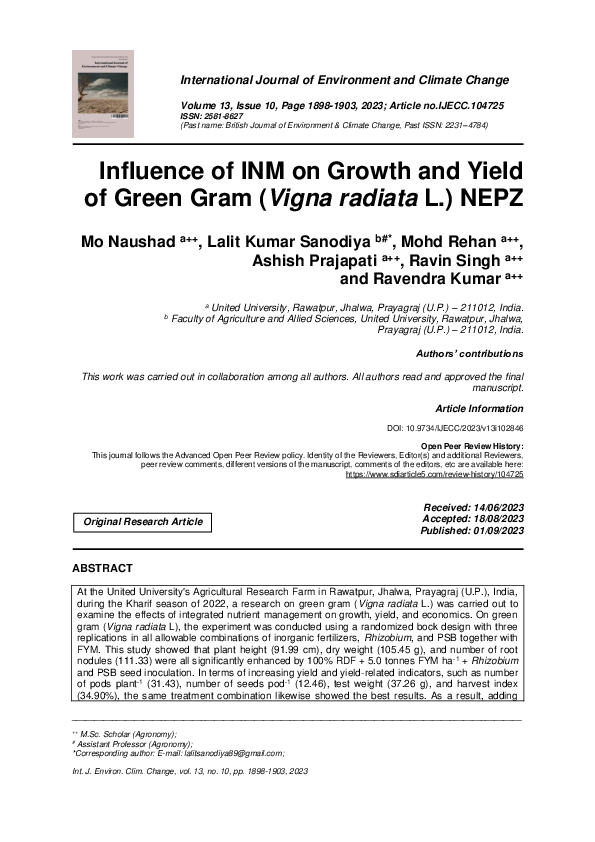 (PDF) Influence of INM on Growth and Yield of Green Gram (Vigna radiata ...