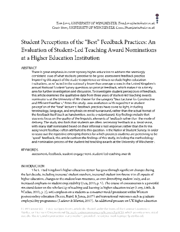 (PDF) Student Perceptions of the ‘Best’ Feedback Practices: An Evaluation of Student-Led ...