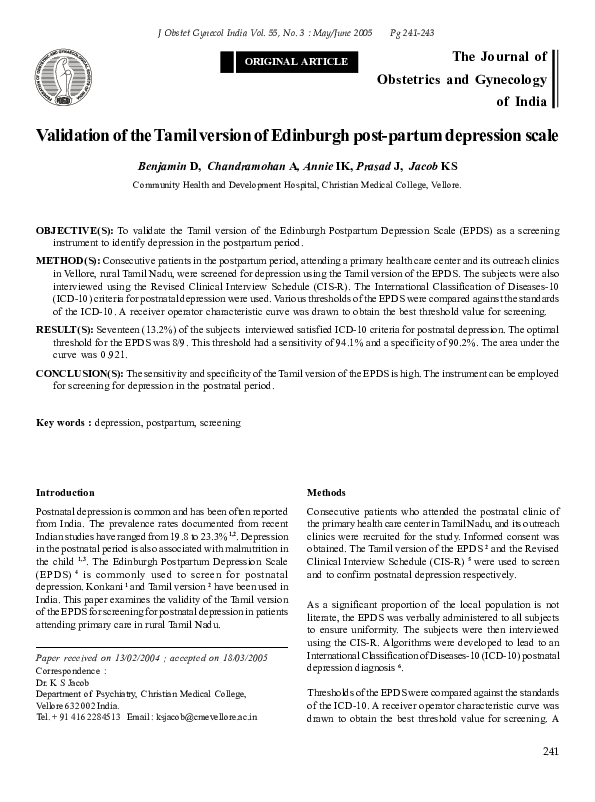 (PDF) Validation of the Tamil version of Edinburgh post-partum ...